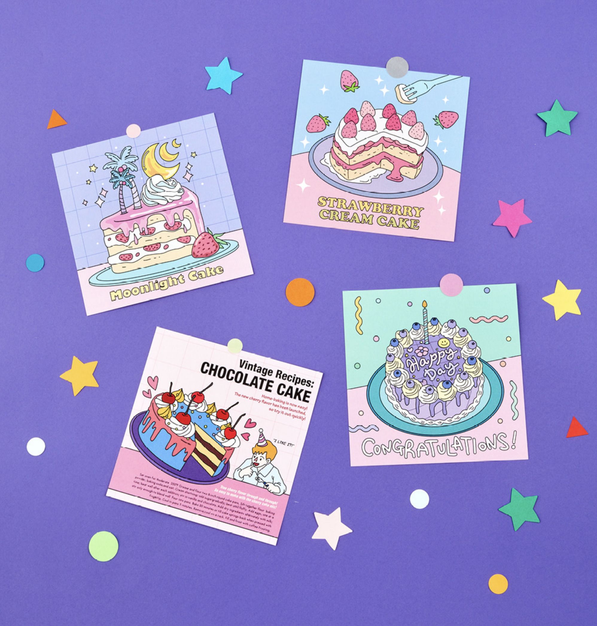 MochiThings: 4pcs Retro Cake Postcard Set