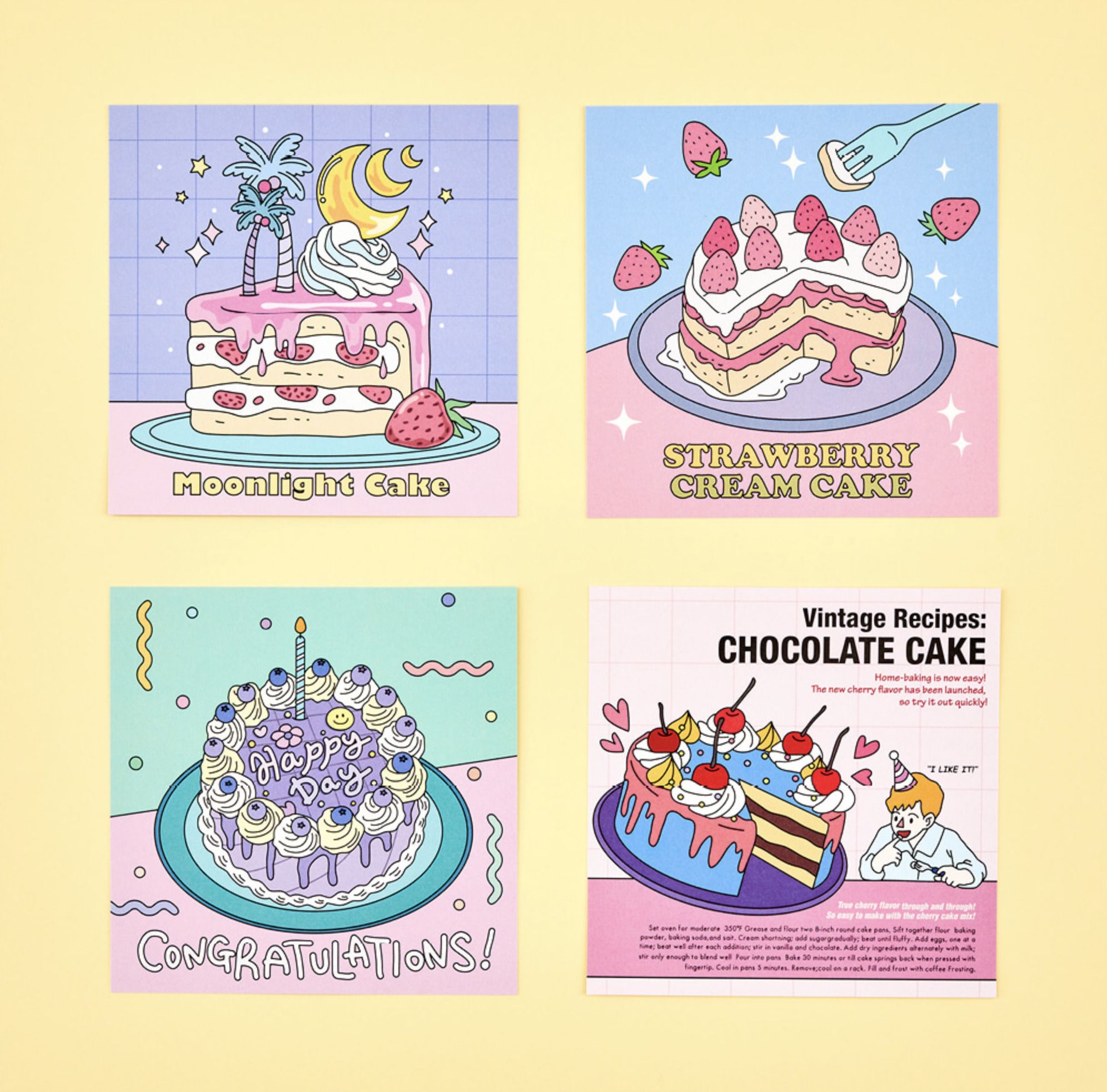 MochiThings: 4pcs Retro Cake Postcard Set